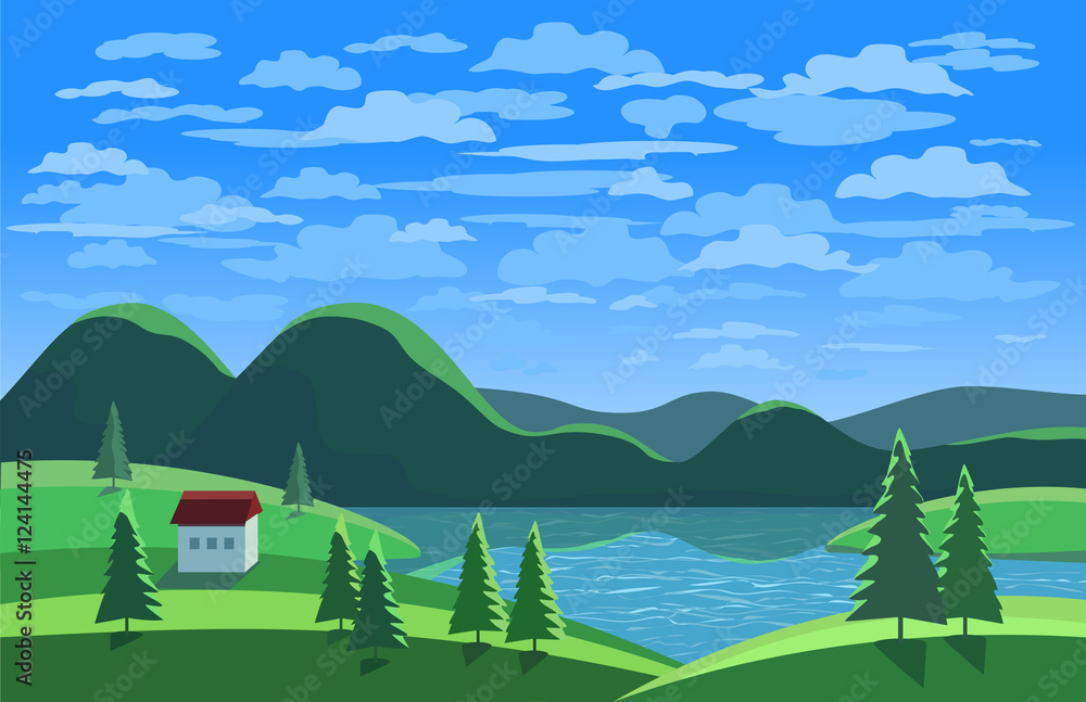 Green landscape. Mountain river in the valley. Houses on river bank ...