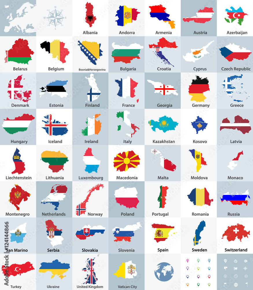 all Europe countries vector maps mixed with flags Stock Vector | Adobe ...