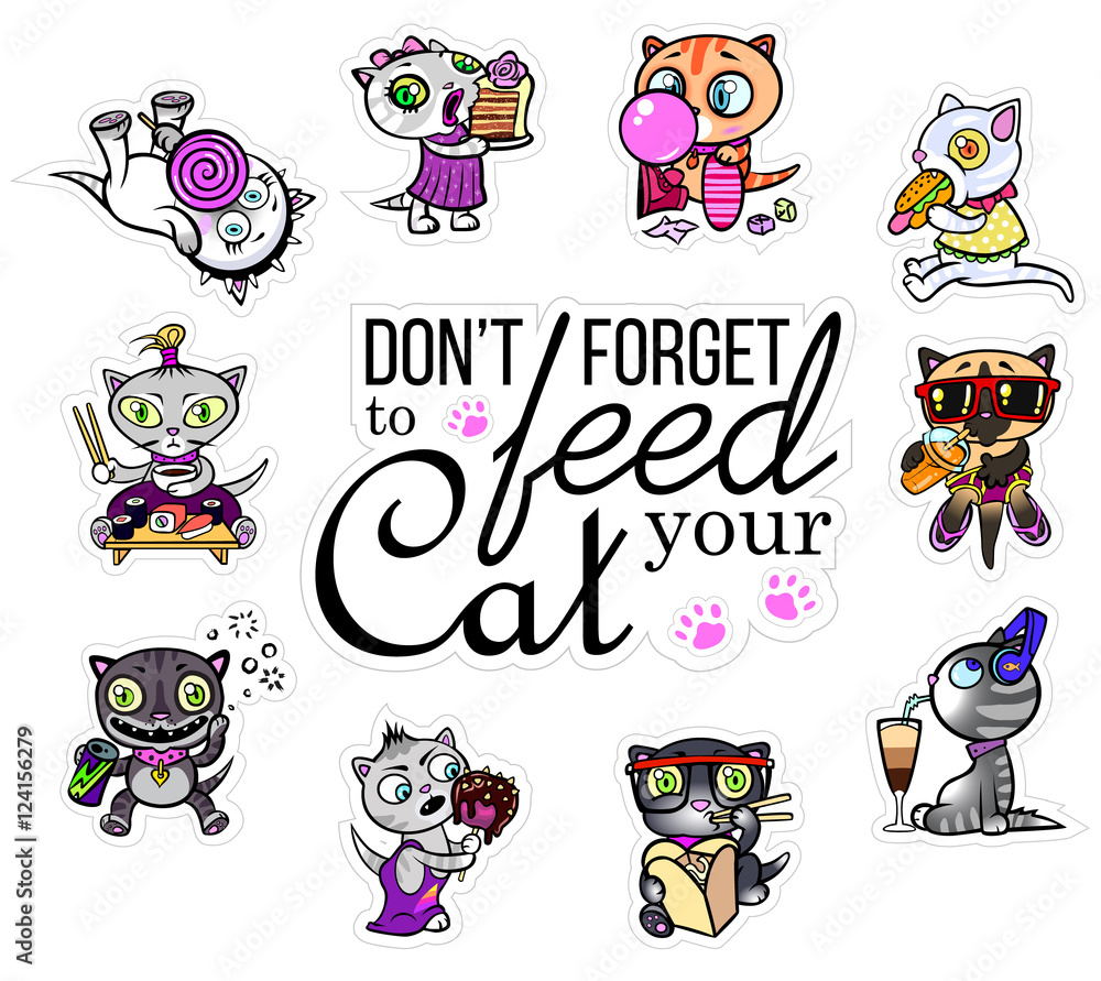 Vector set with cat stickers. Hungry pets. Emoji for chats. Badges ...