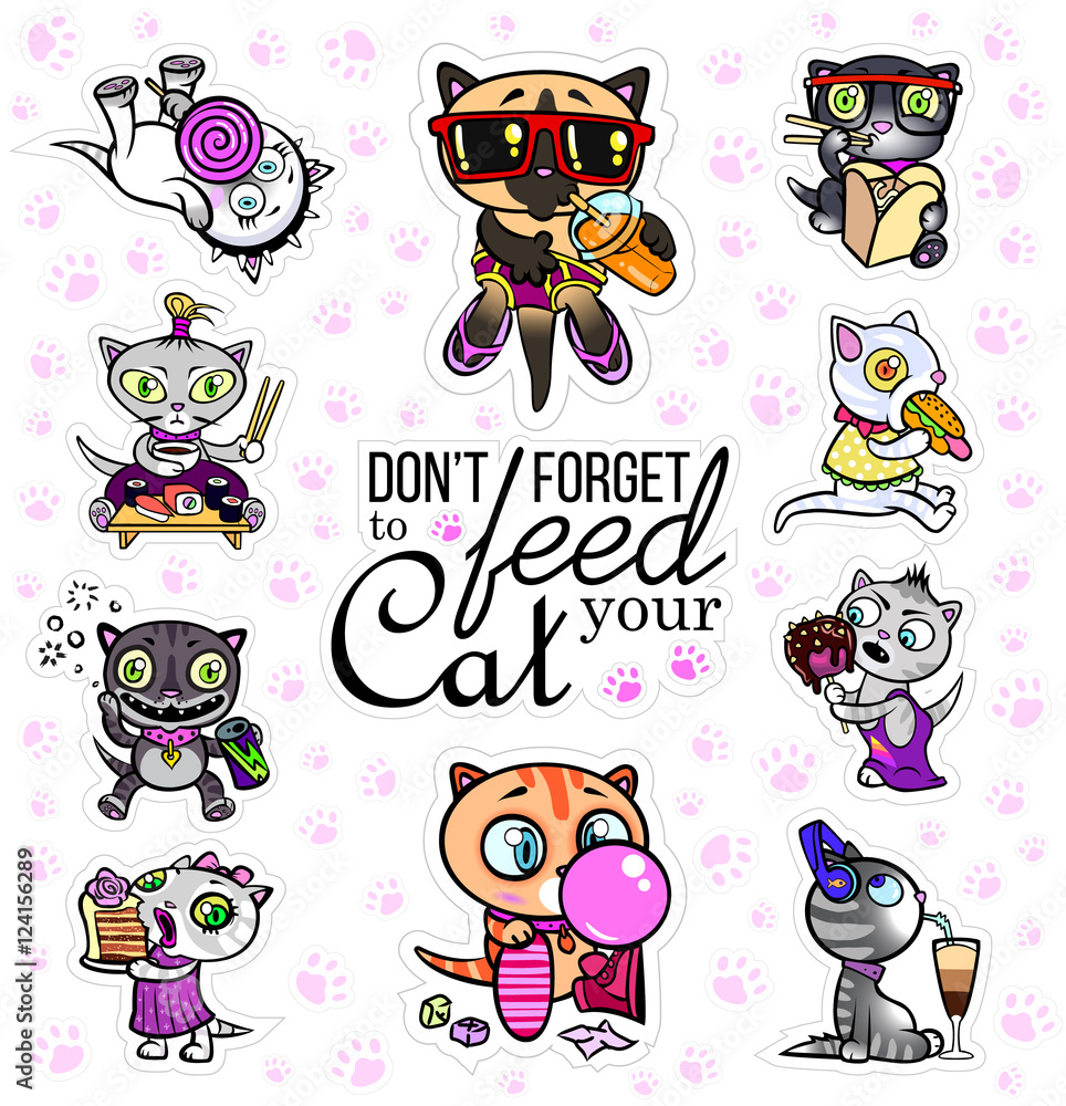 Vector set with cat stickers. Hungry pets. Emoji for chats. Badges ...
