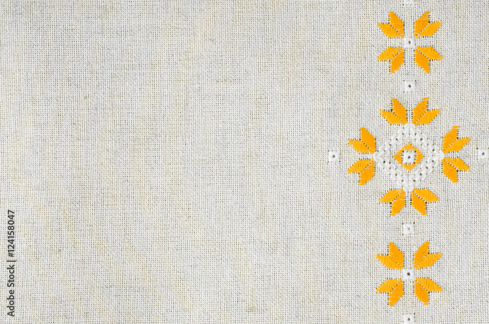 Texture of the vintage flax with embroidery. Design of ethnic pattern ...