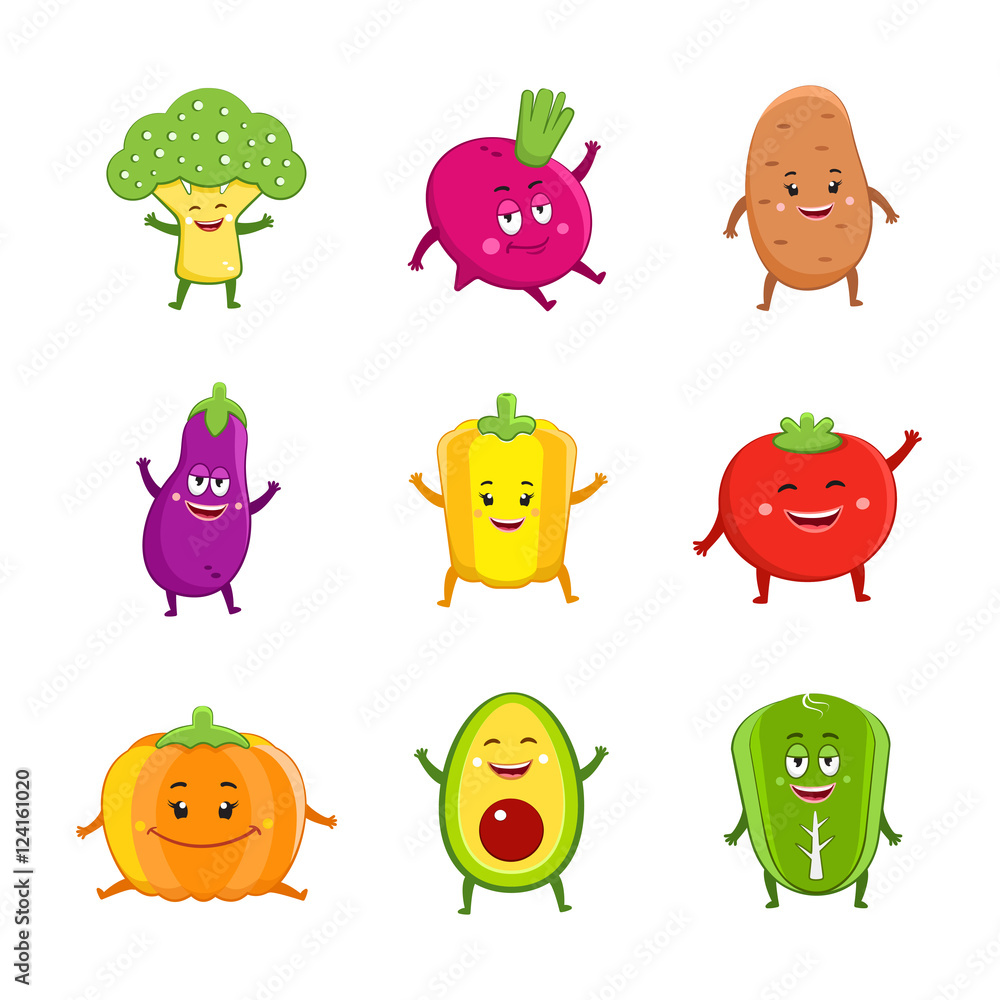 Funny vegetables characters cartoon set Stock Vector | Adobe Stock