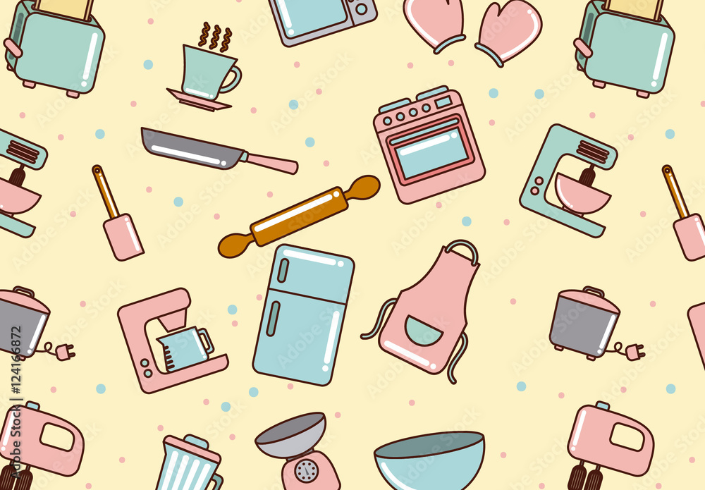Off-Center Cute Pastel Kitchen Appliances Pattern Stock Template ...
