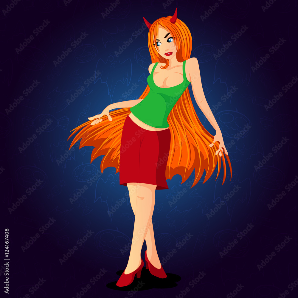 Devil woman with horns on his head standing cross-legged and hold long ...