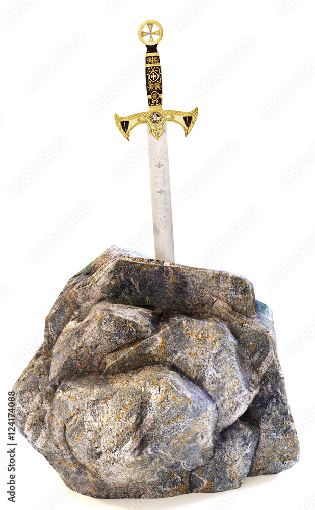 Sword in stone on an isolated white background. Metaphor for goals ...