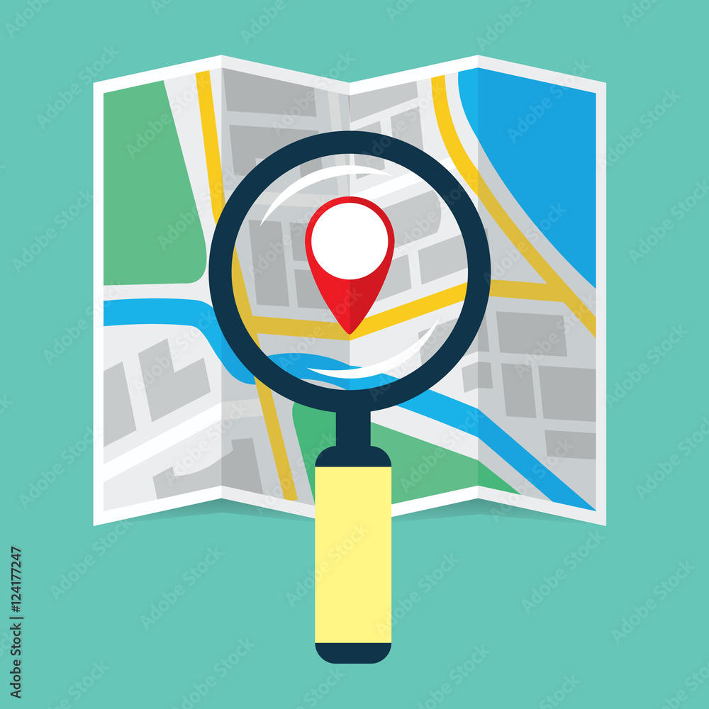Magnifier over navigational map flat icon. Magnifying glass with handle ...