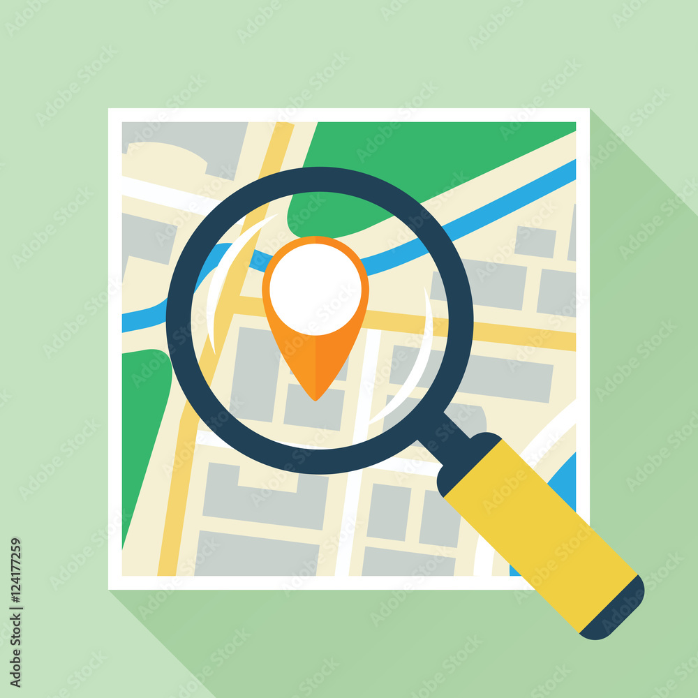 Magnifier over navigational map flat icon. Magnifying glass with handle ...