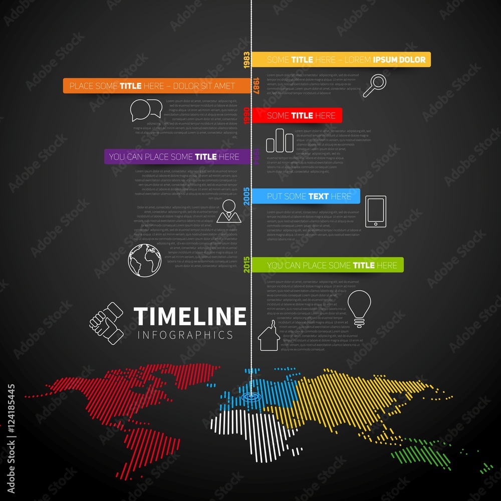 Infographic timeline report template with icons, labels and worl Stock ...