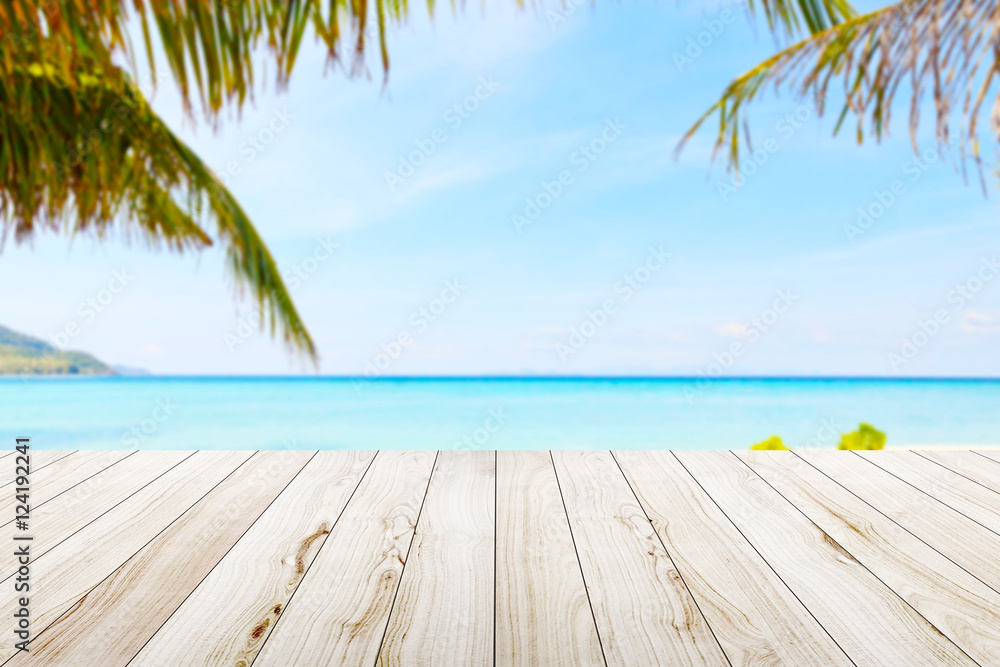 Wood table top on beach background. Stock Photo | Adobe Stock