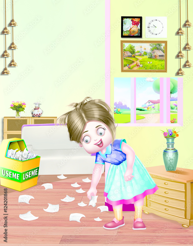 Girl picking bits of paper inside room Stock Illustration | Adobe Stock