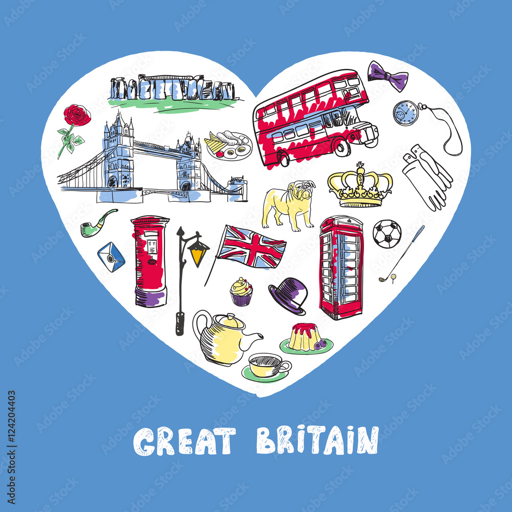Love Great Britain. White heart filled with vintage doodles related ...