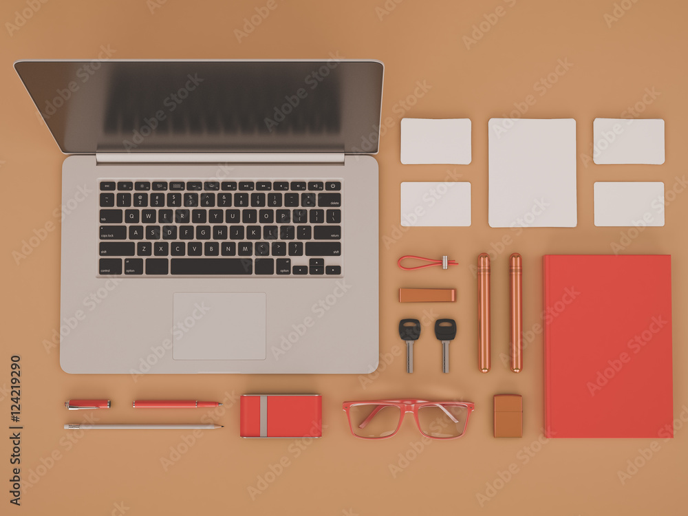 Red branding mockup. Template set on black background. 3d rendering. 3D ...