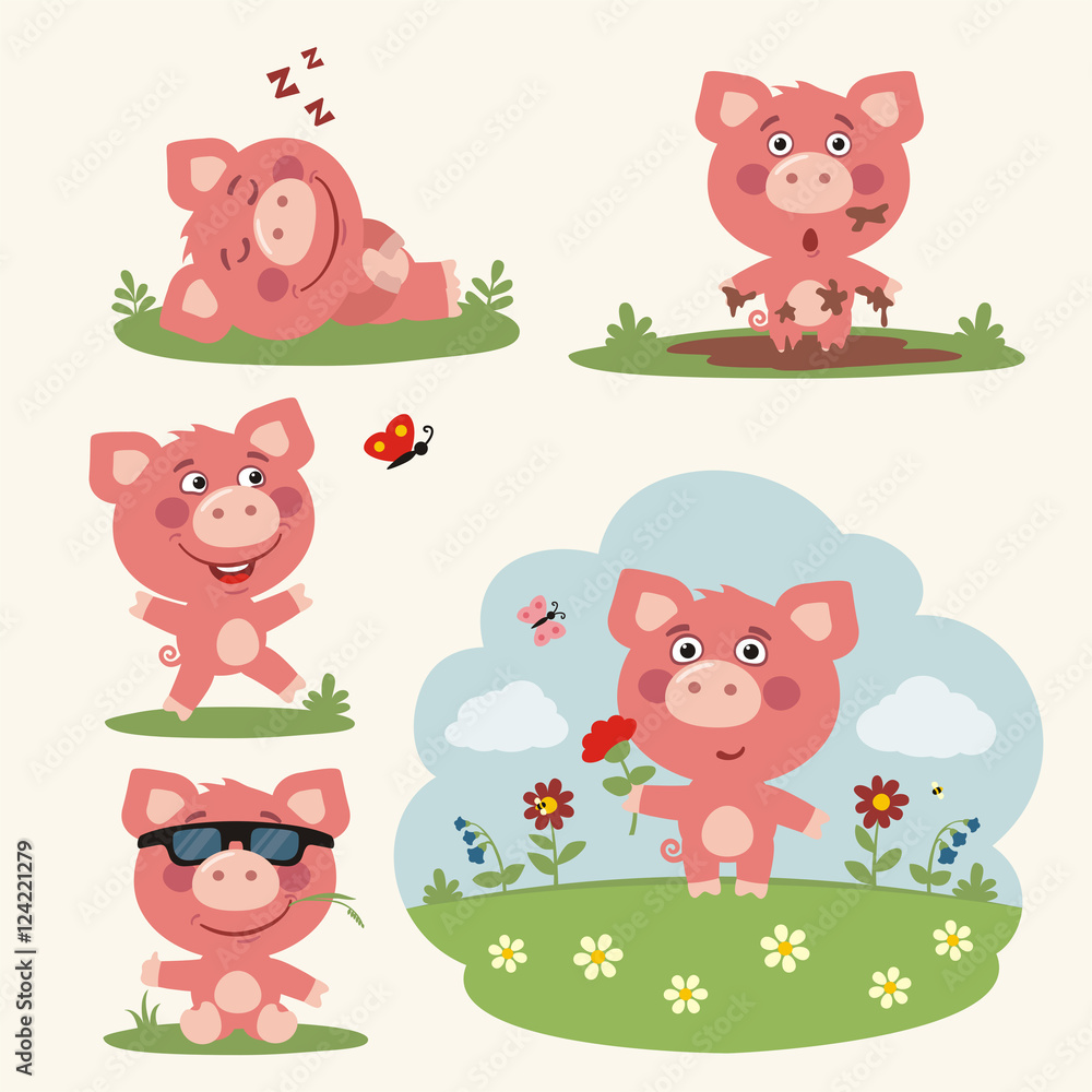 Vector set funny pig in different poses on summer meadow with flowers ...