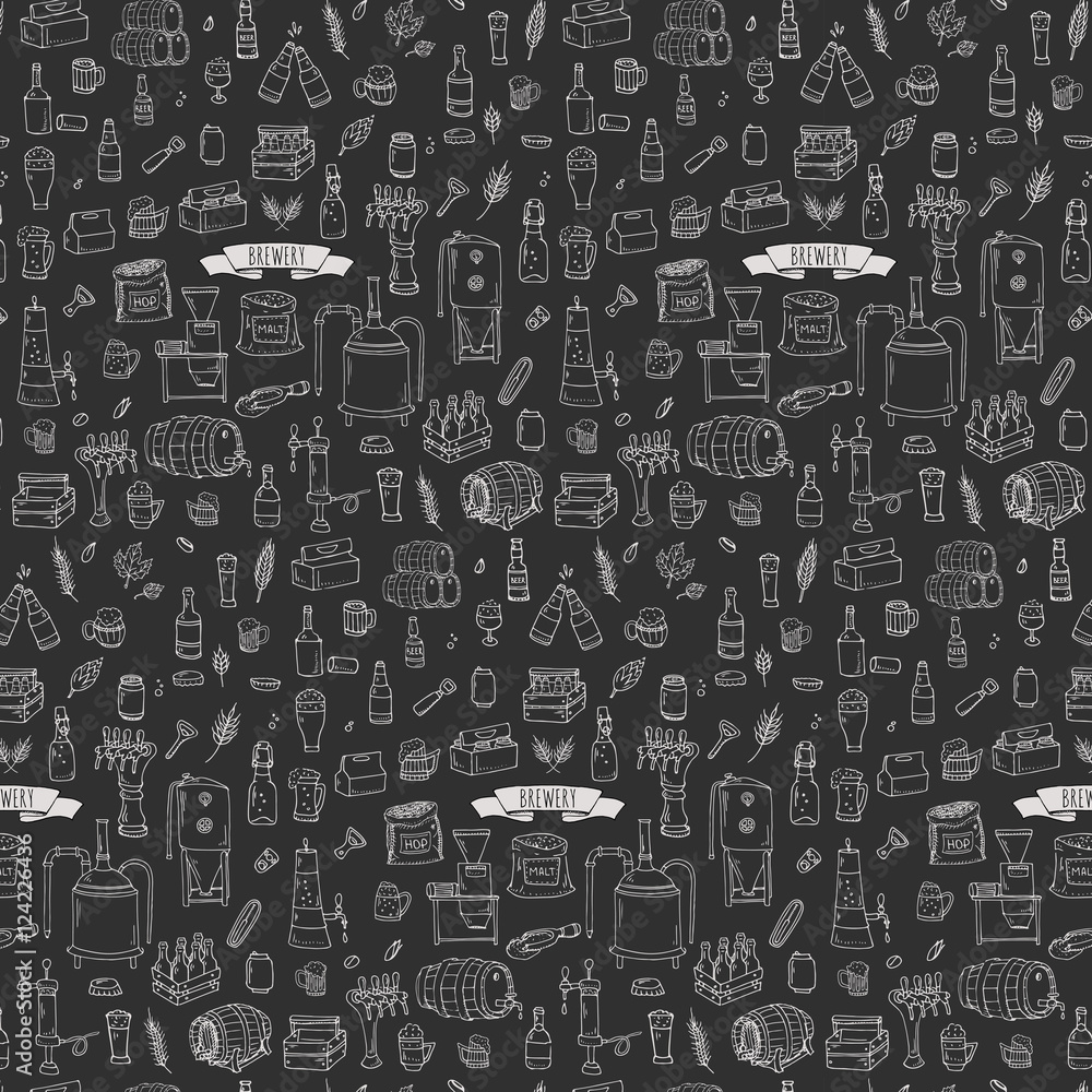 Seamless pattern Hand drawn doodle set of Brewery icons. Vector ...