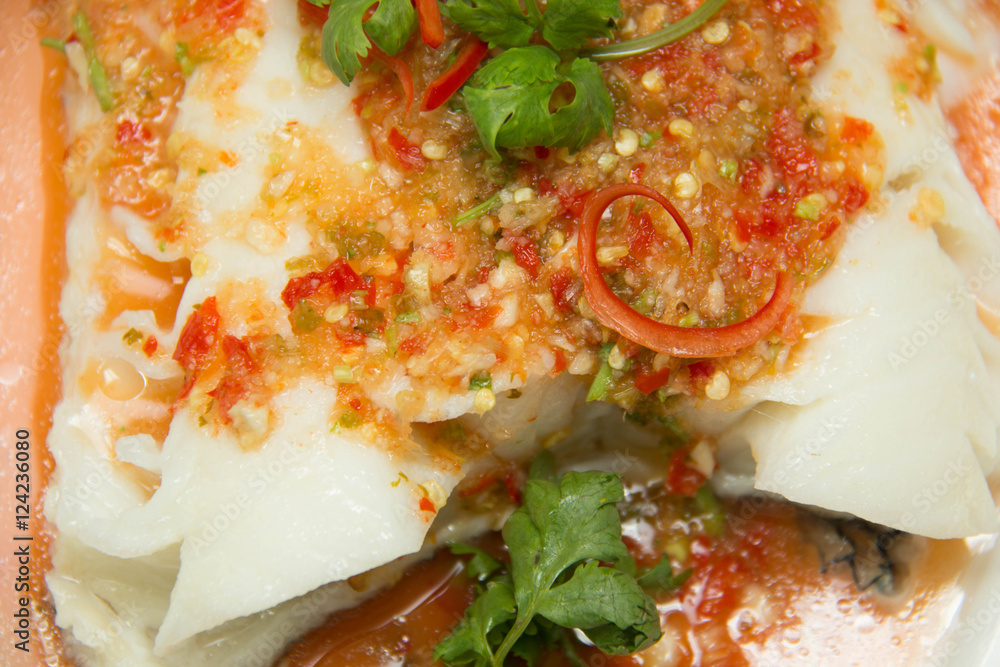 Steamed snow fish with spicy sauce Stock Photo | Adobe Stock