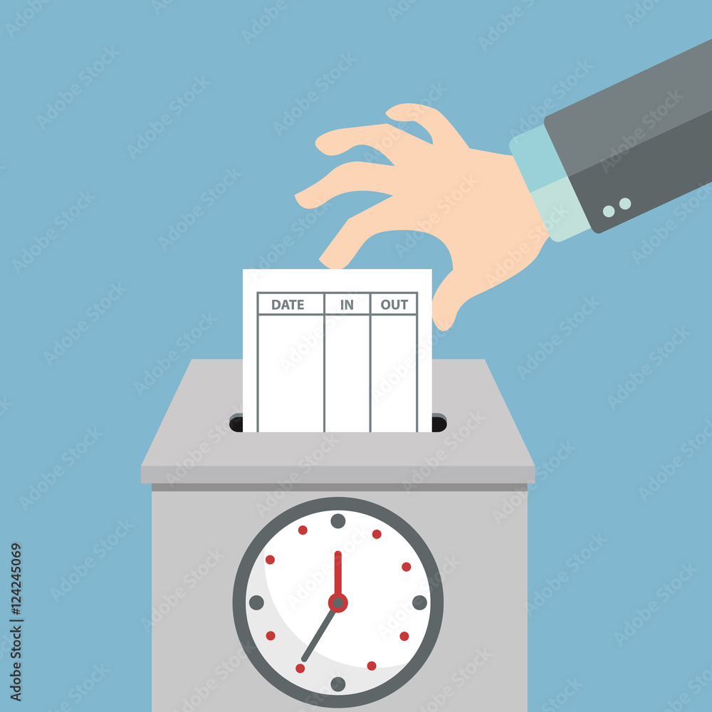 Hand putting paper card in time recorder machine. Flat style vector for ...