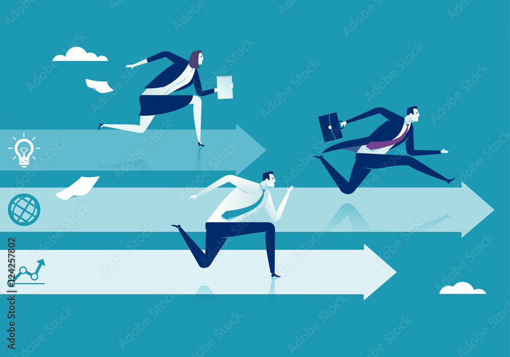Business competition. Three businessmen running on the arrows. Concept ...