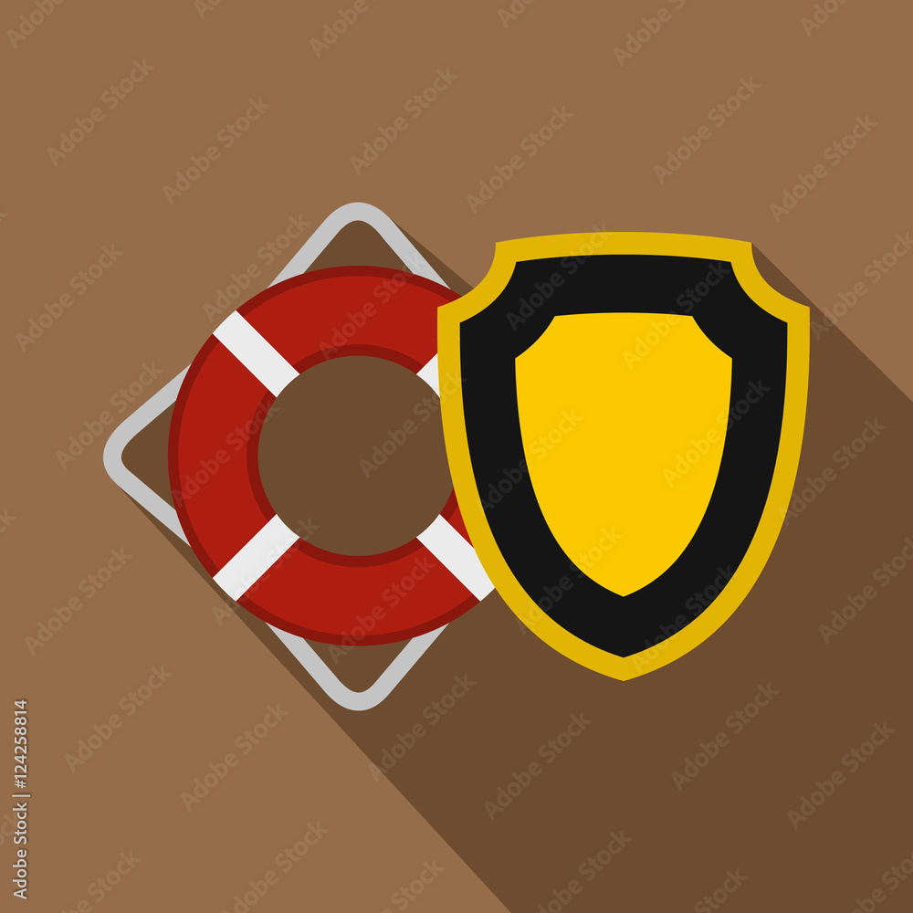 Lifebuoy and yellow safety shield icon. Flat illustration of lifebuoy ...