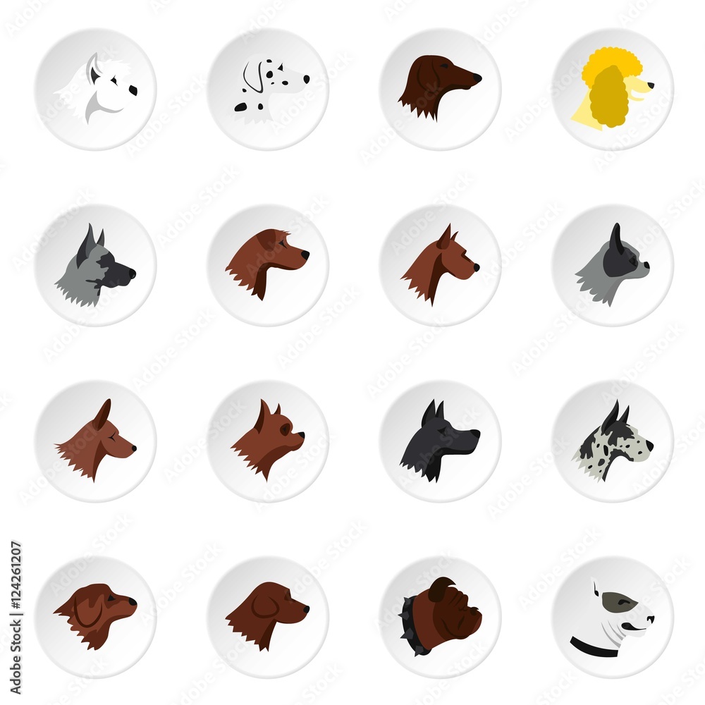 Dog head icons set. Flat illustration of 16 dog head vector icons for ...