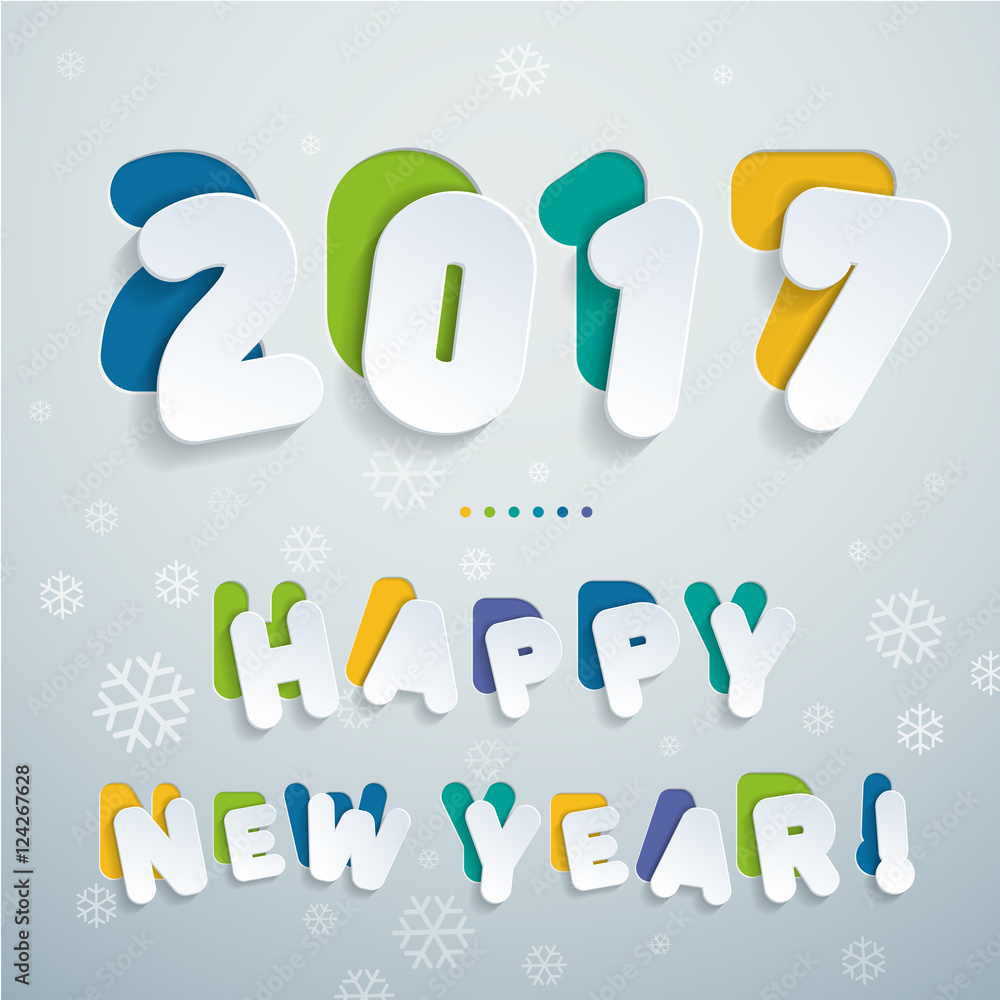 2017 Happy New Year! Stickers flat design font. Colorful letters ...