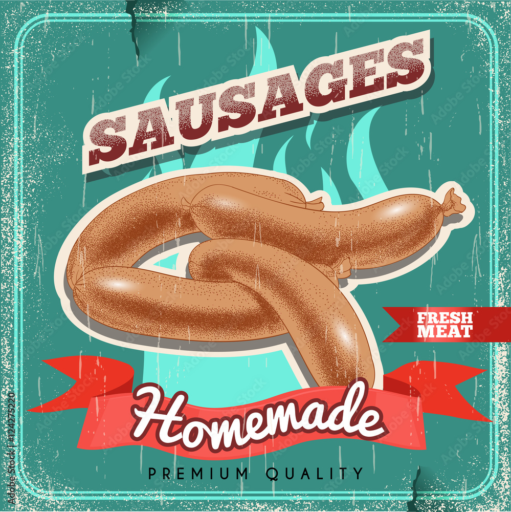 Homemade sausages vintage vector poster. Old paper textured background ...