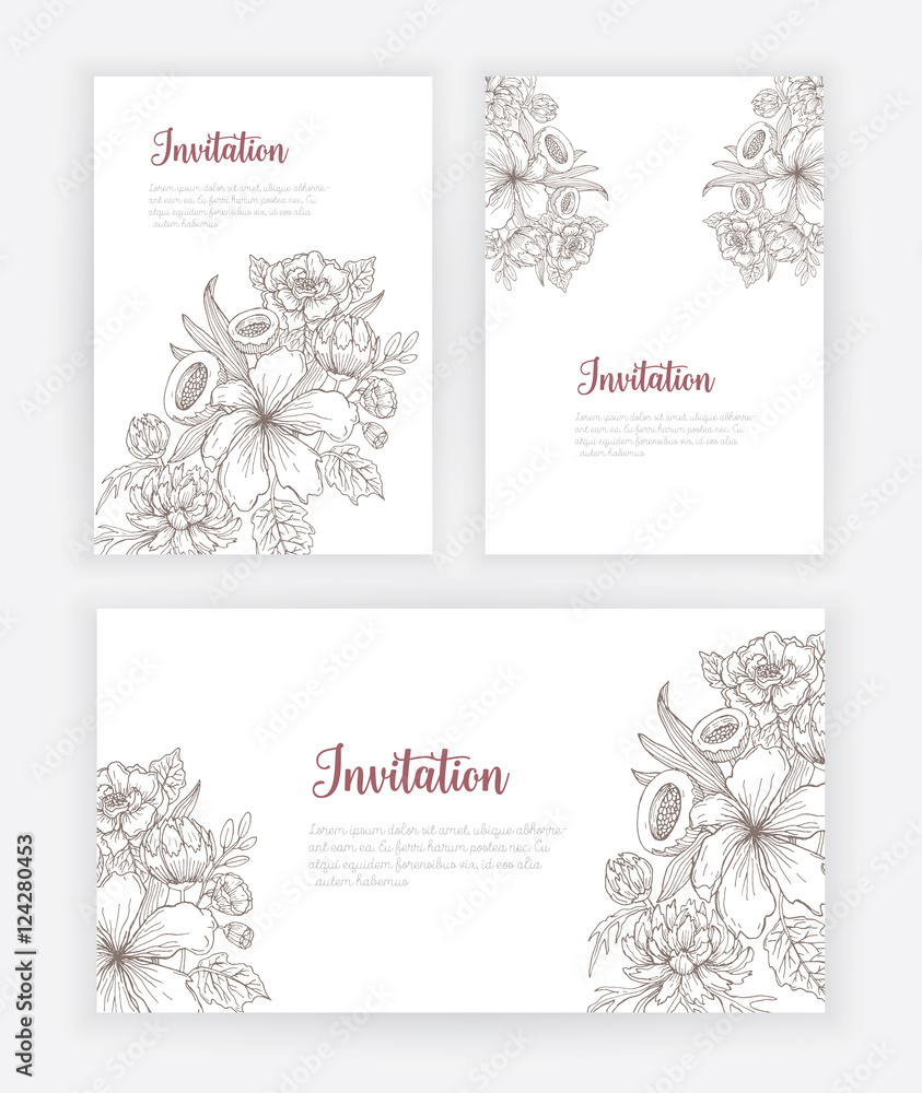Vertical and horizontal Invitation cards with hand drawn vintage ...