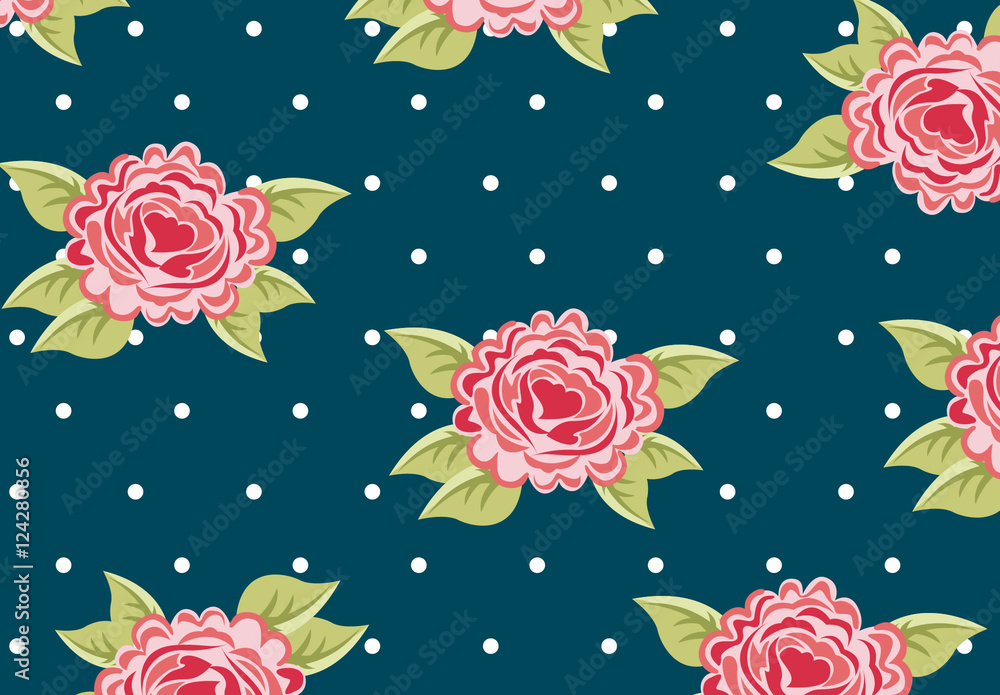 Pink Roses and Polka Dots Pattern on a Navy Blue Background Stock ...