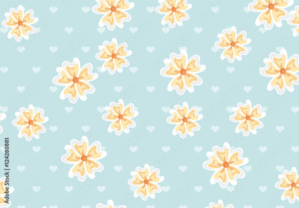 Yellow Flowers and Hearts Pattern on a Light Blue Background Stock ...