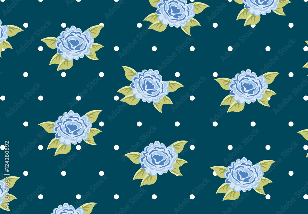 Light Blue Roses and Polka Dots Pattern on a Navy Blue Background Stock ...