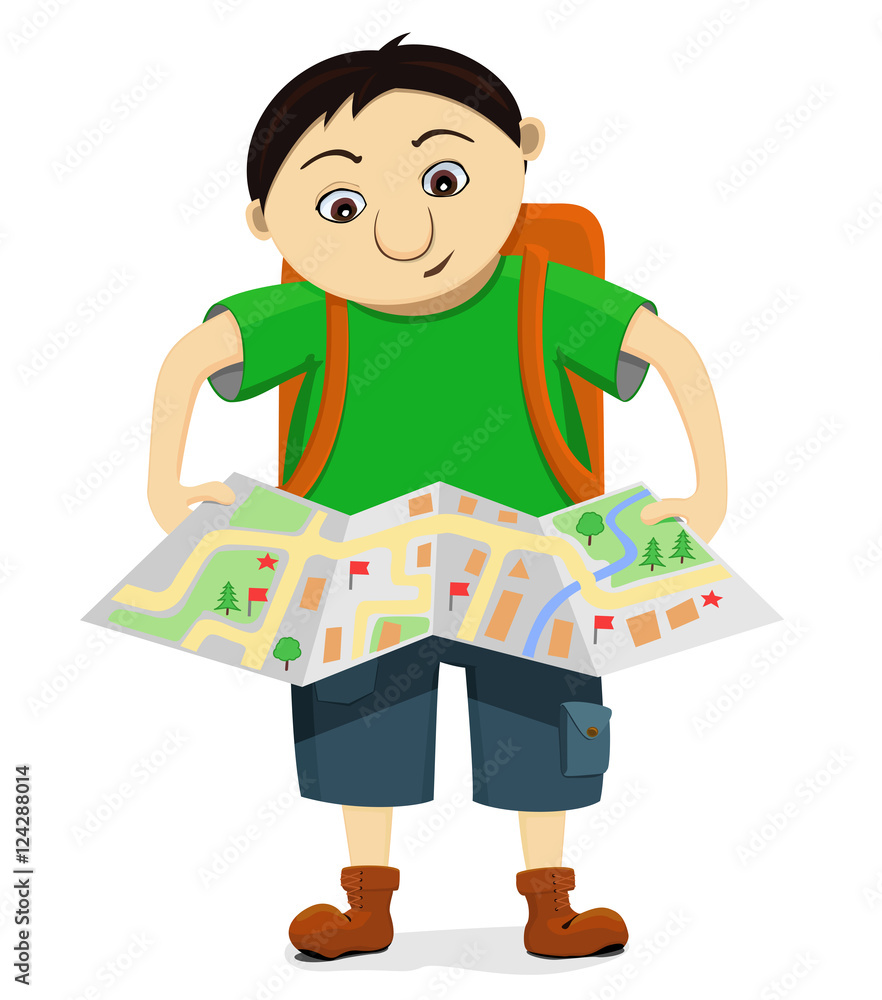 Cartoon funny bewildered tourist with backpack looks at the map and ...