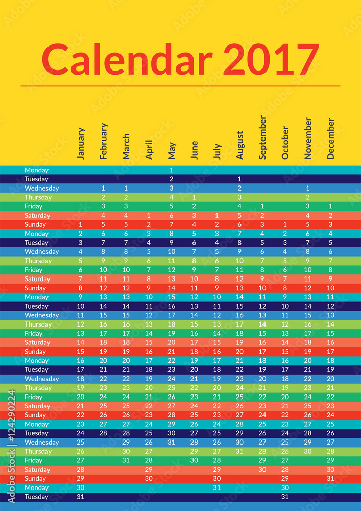 Poster Calendar for 2017, Week Starts Monday, Vector Stationery Design ...