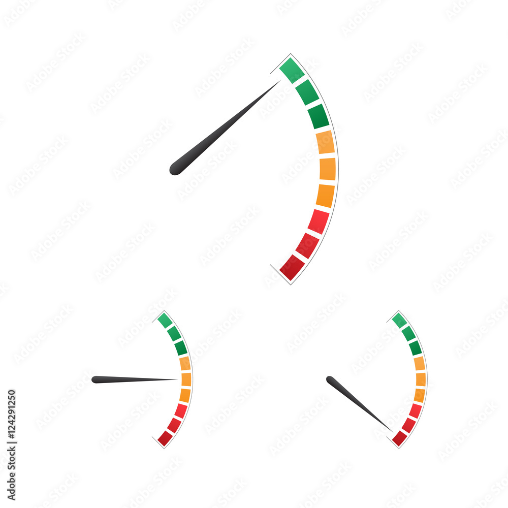 Set of colorful fuel meter, tachometer, speedometer icon, performance ...