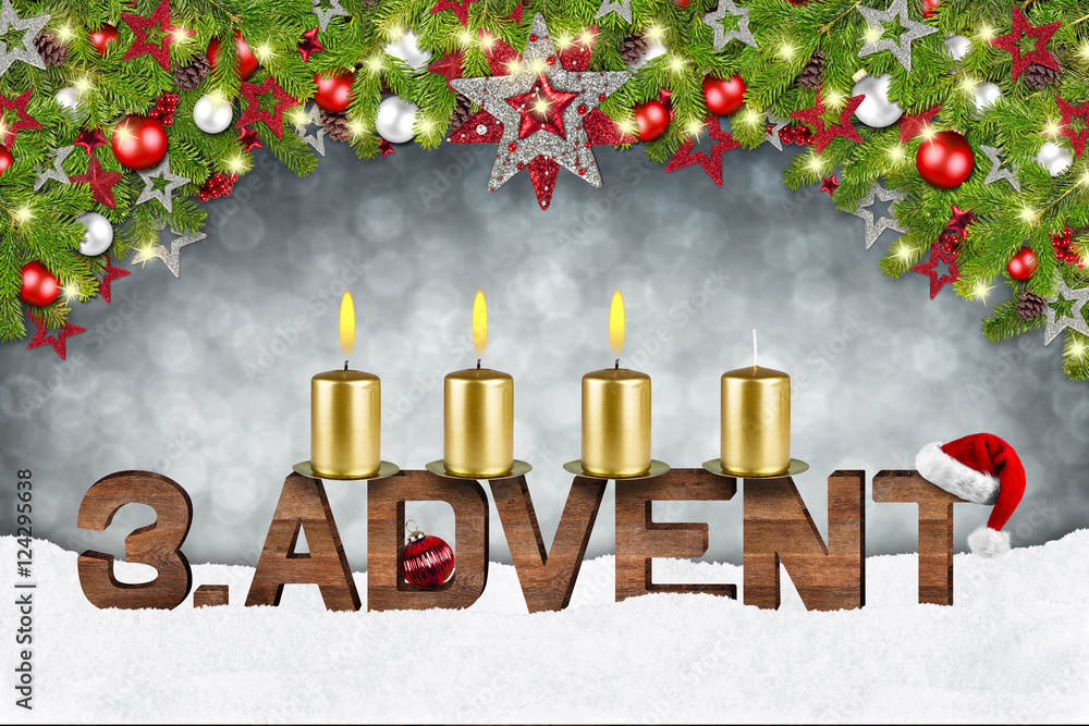 third sunday of advent conept with candles and red silver decorated fir ...