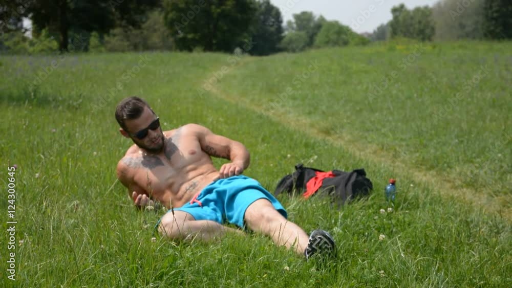 Handsome Muscular Shirtless Hunk Man Outdoor in City Park. Showing ...