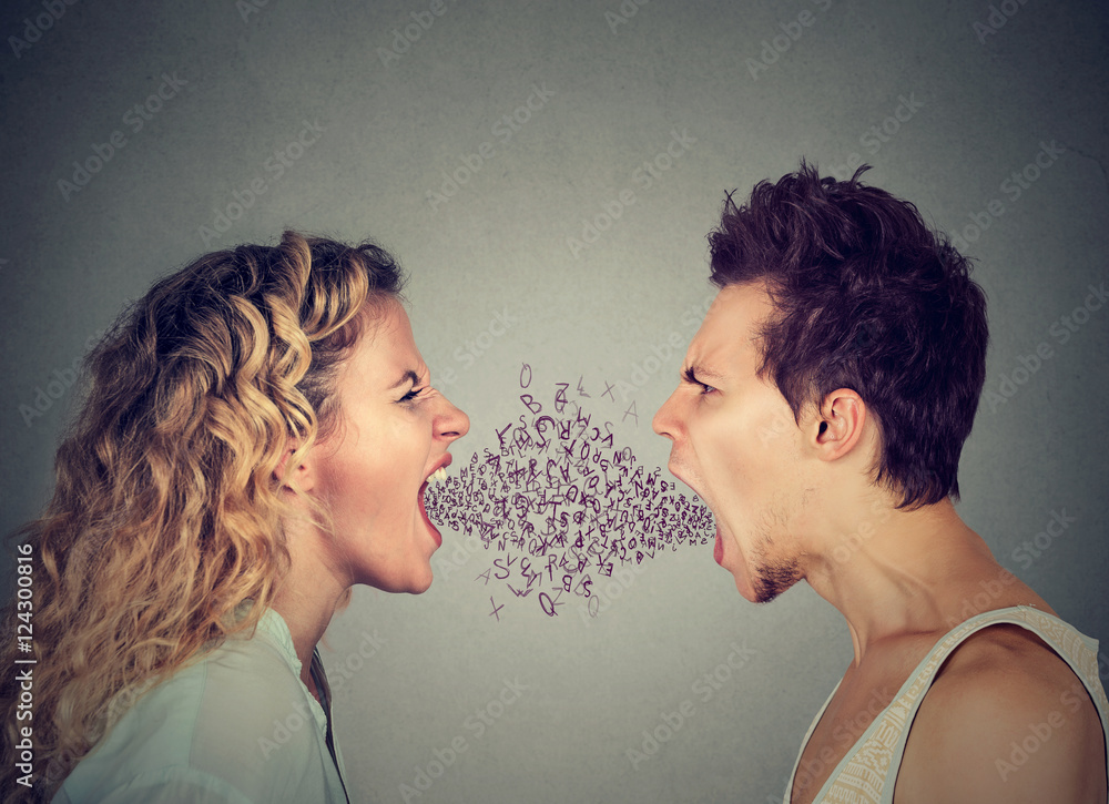 angry couple screaming alphabet letters coming out of mouth Stock Photo ...