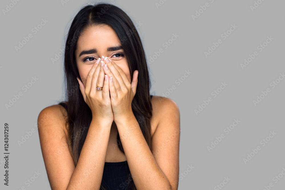 Surprised embarrassed expression woman covers her face shy shocked emotional Stock-Foto | Adobe ...
