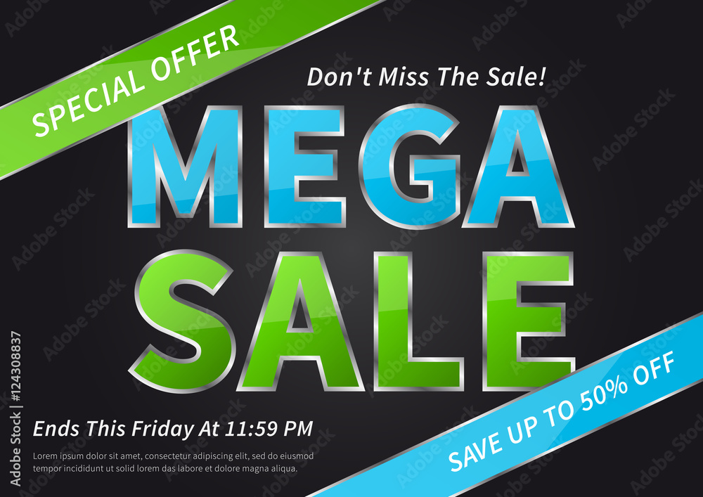 Banner Mega Sale vector illustration on black background. Poster Mega ...