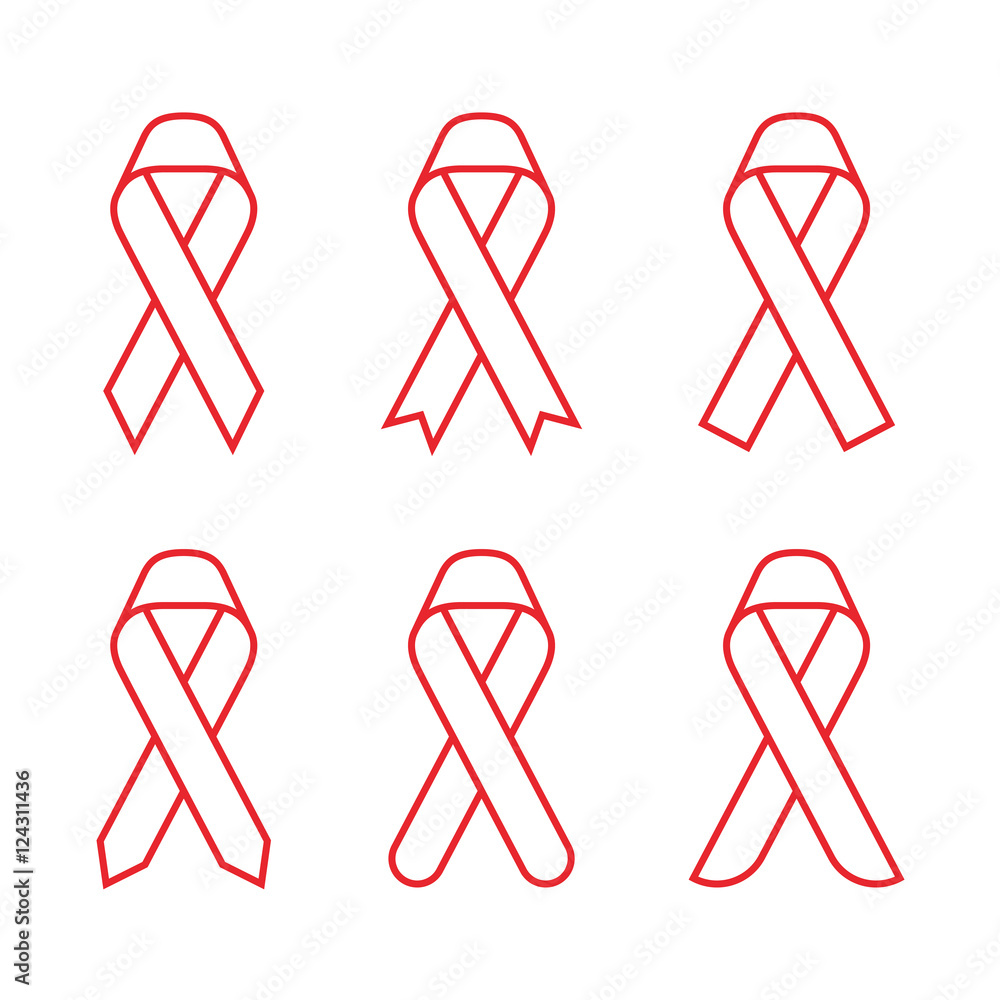 Red ribbon AIDS, HIV icon illustration, flat color outline storke ...