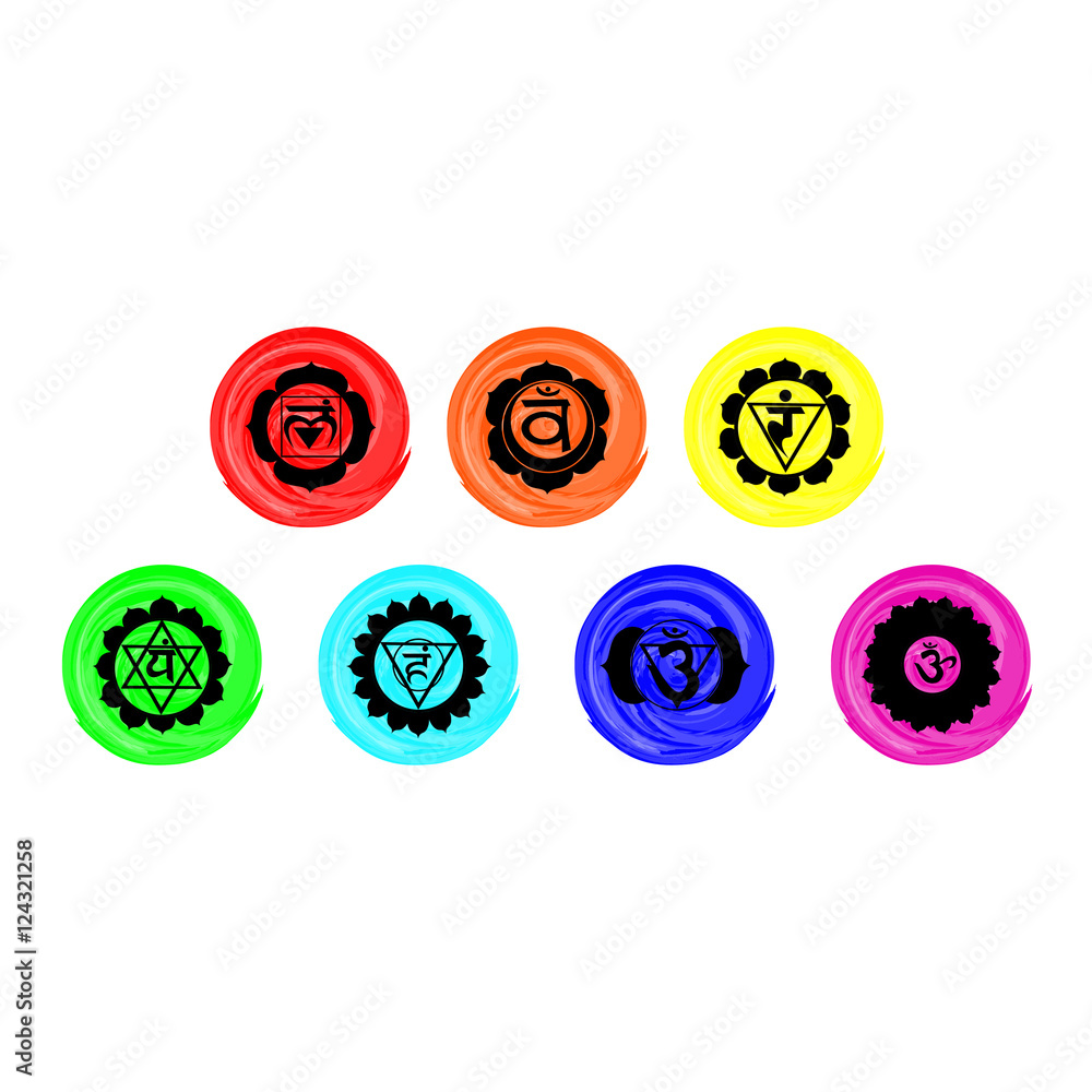 Chakra symbols on watercolor circle background. Vector illustration ...