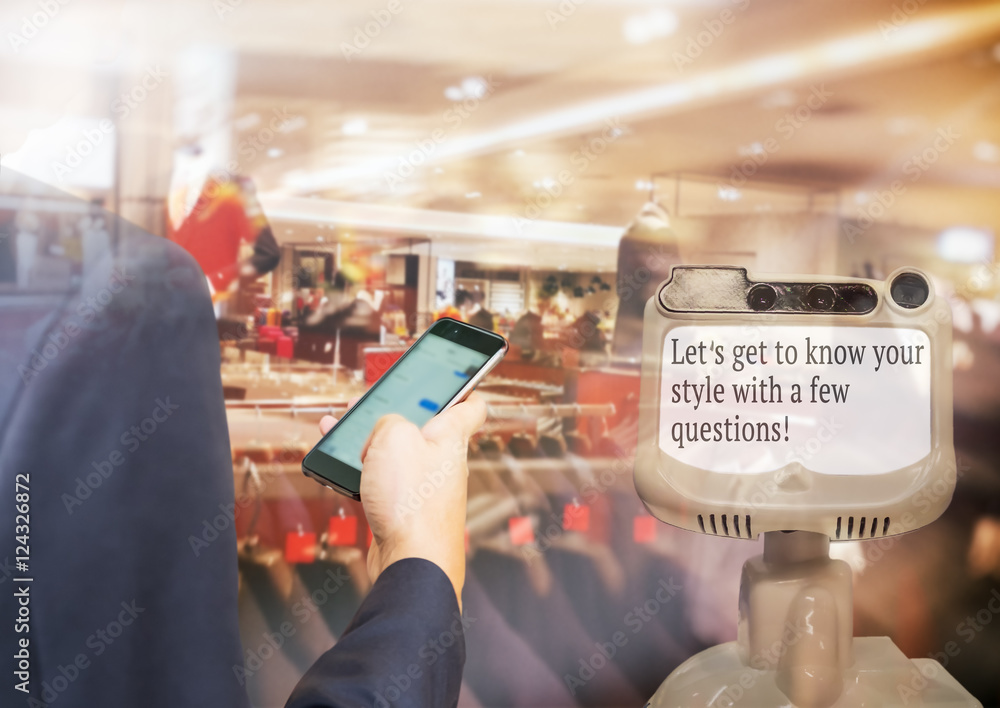 Chatbot concept. Man using smart phone with small robot and greeting ...