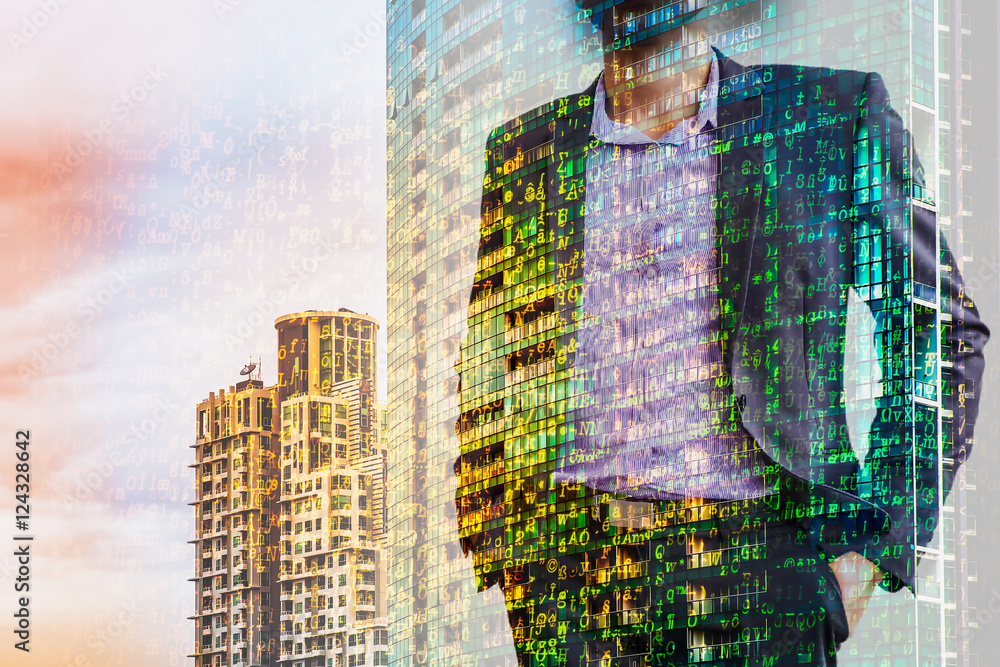 Digital business revolution concept. Double exposure of business man ...
