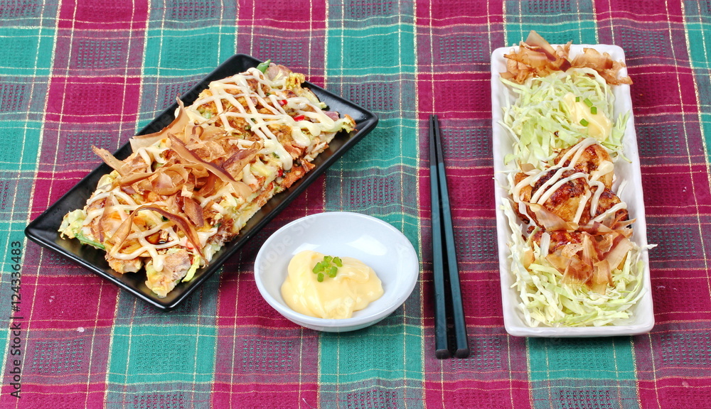 Grill flour wrap squid (as Takoyaki) served with Japan pizza (as ...