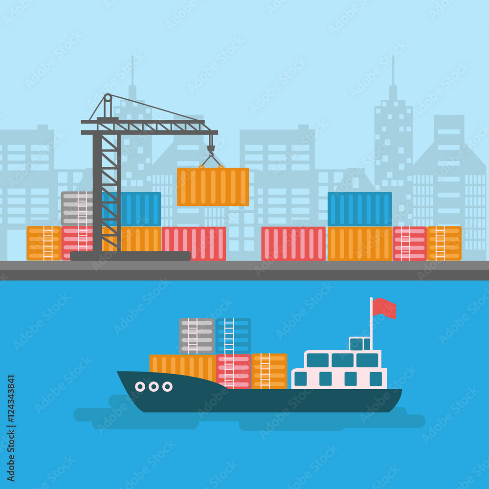 Creative vector detailed container ship at freight port terminal ...