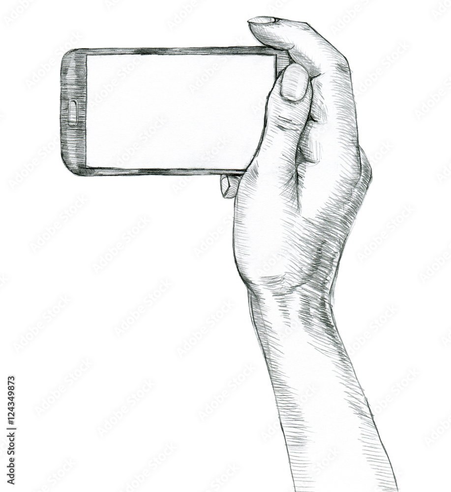 Hand holding smartphone. Hand drawing in pencil. Illustration isolated ...