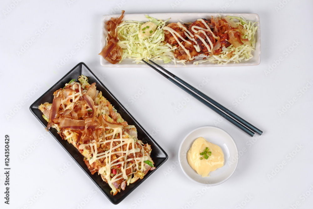 Grill flour wrap squid (as Takoyaki) served with Japan pizza (as ...