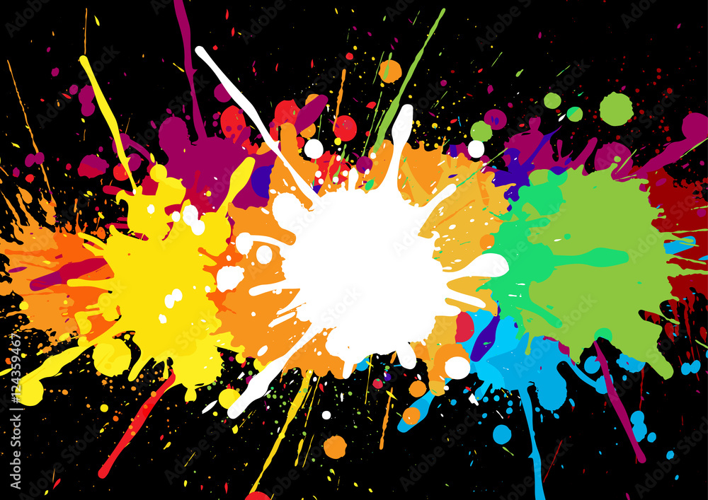 abstract colorful banner with paint stains and splatters on a bl Stock ...