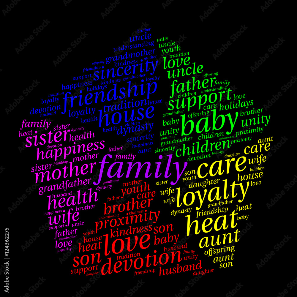 Family word cloud in pentagon shape on black background, social concept ...