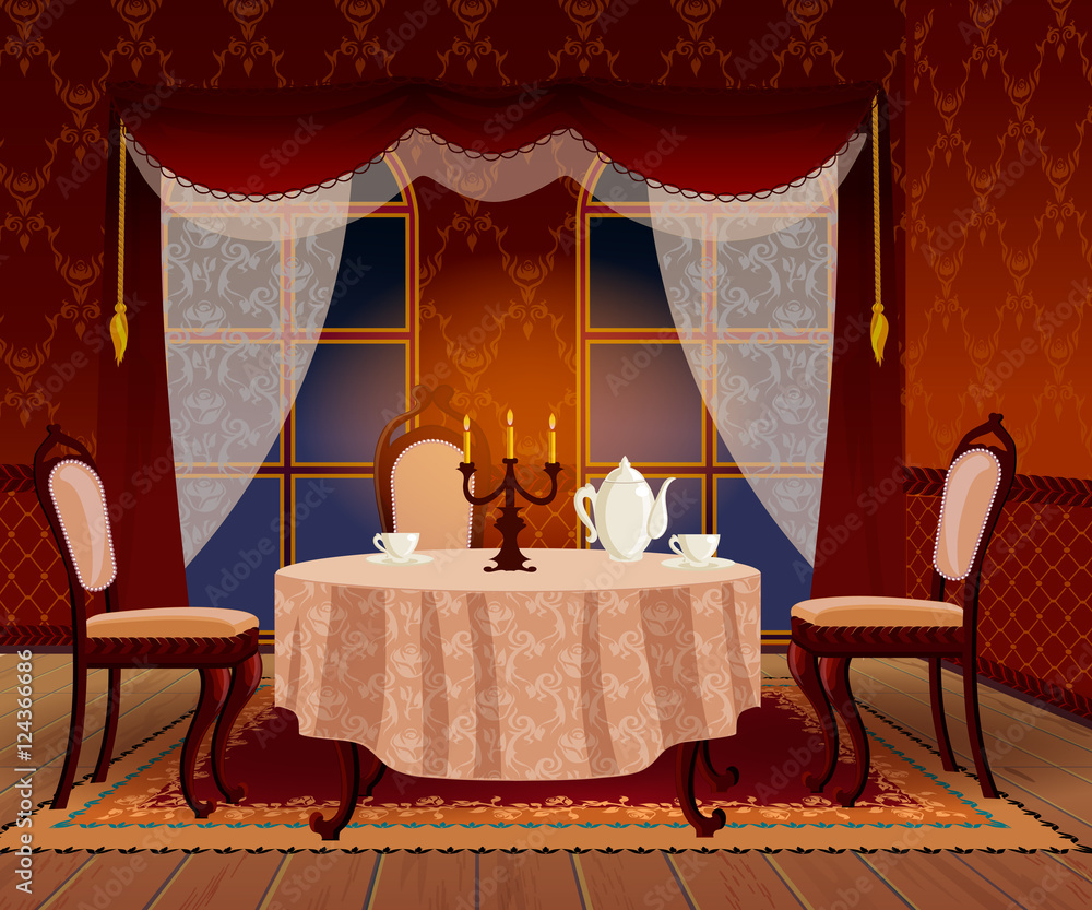 Cartoon dark living room interior in classic vintage style. Stock ...