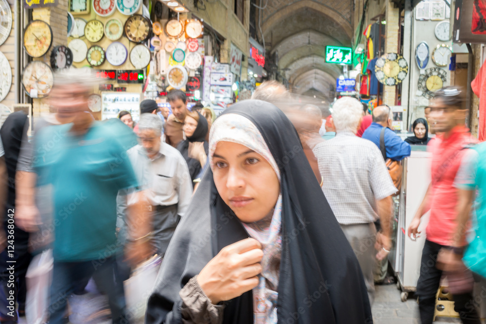 Beautiful Muslim woman spending time on traditional Iranian baza Stock ...
