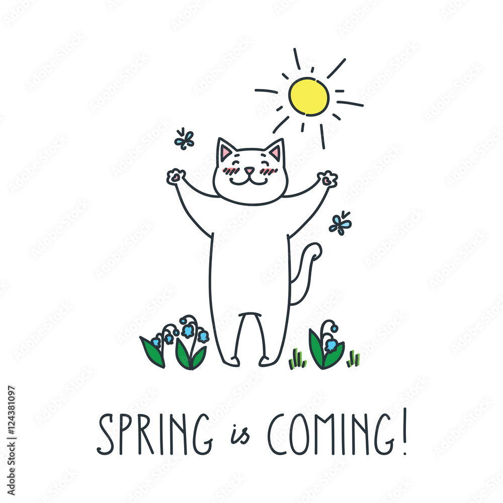 Spring is coming! Doodle vector illustration of funny white cat ...